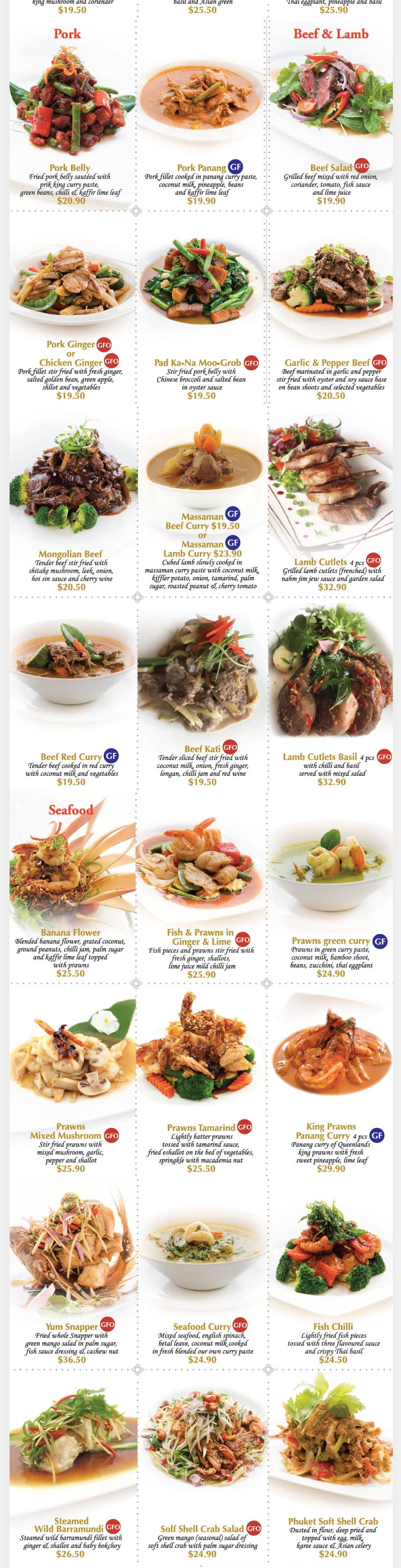 Menu at Chalio's Thai restaurant, Beecroft