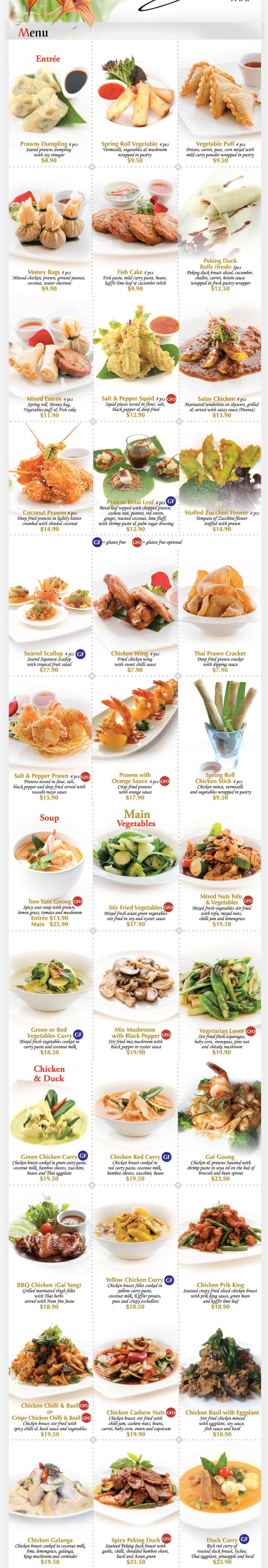 Menu at Chalio's Thai restaurant, Beecroft