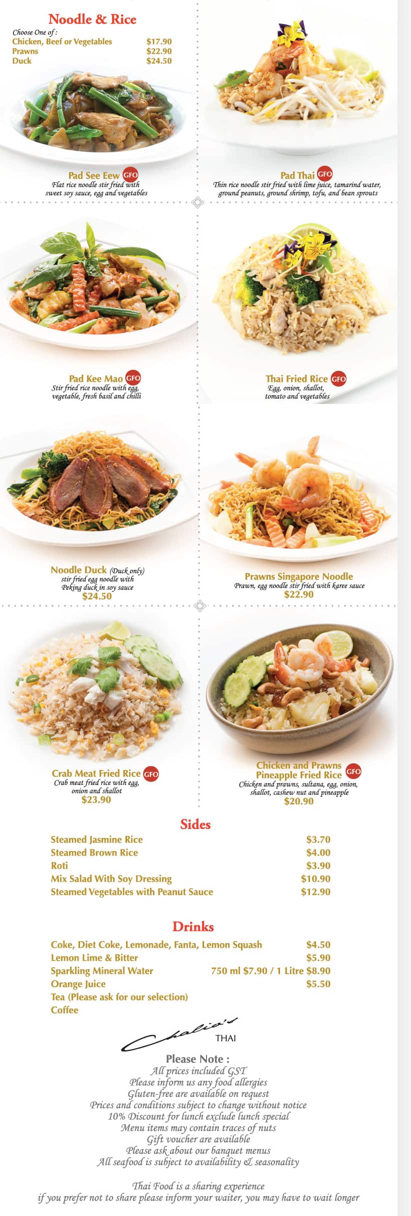 Menu at Chalio's Thai restaurant, Beecroft