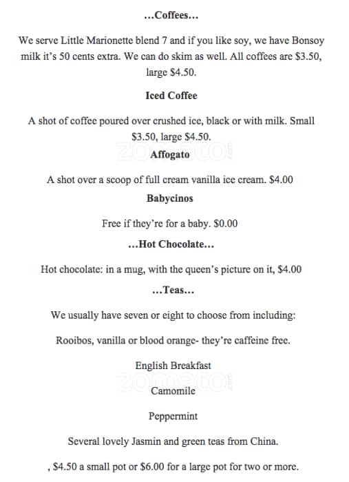 Menu at Parliament on King cafe, Erskineville