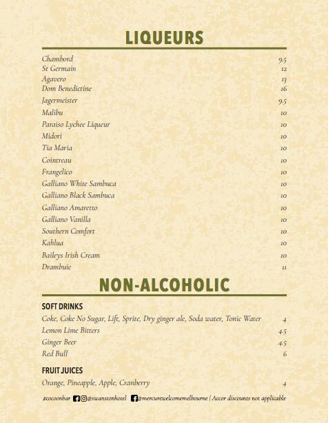 Menu at Pullman Melbourne City Centre pub & bar, Melbourne