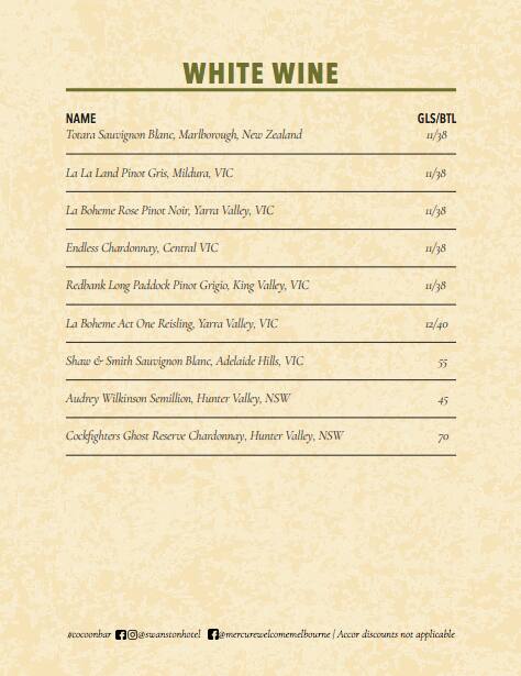 Menu at Pullman Melbourne City Centre pub & bar, Melbourne