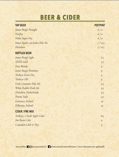 Menu at Pullman Melbourne City Centre pub & bar, Melbourne