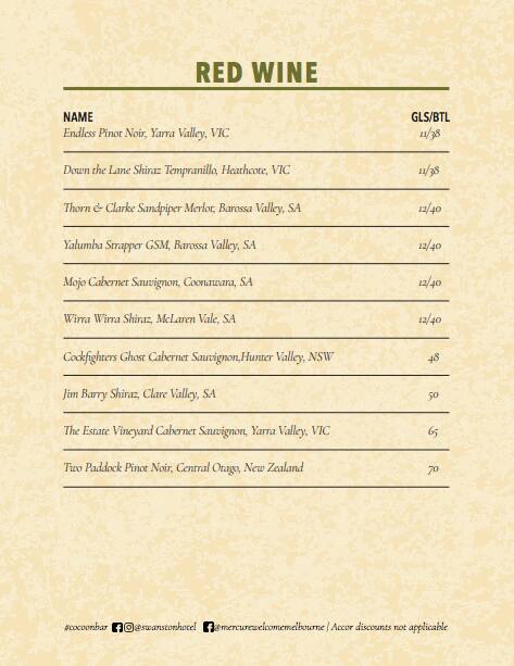 Menu at Pullman Melbourne City Centre pub & bar, Melbourne