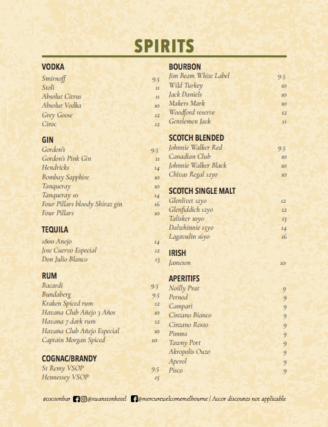 Menu at Pullman Melbourne City Centre pub & bar, Melbourne