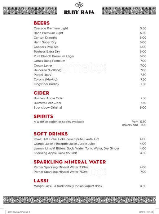 Menu at Ruby Raja Indian Restaurant, Tea Tree Gully