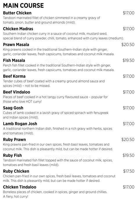 Menu at Ruby Raja Indian Restaurant, Tea Tree Gully