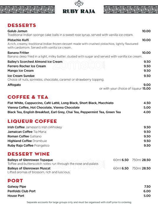 Menu at Ruby Raja Indian Restaurant, Tea Tree Gully