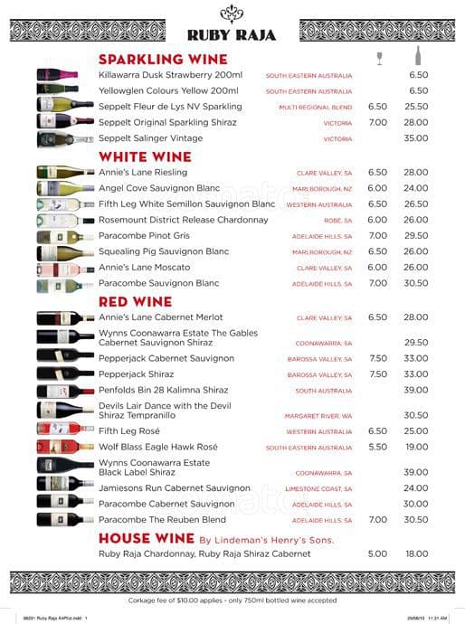 Menu at Ruby Raja Indian Restaurant, Tea Tree Gully