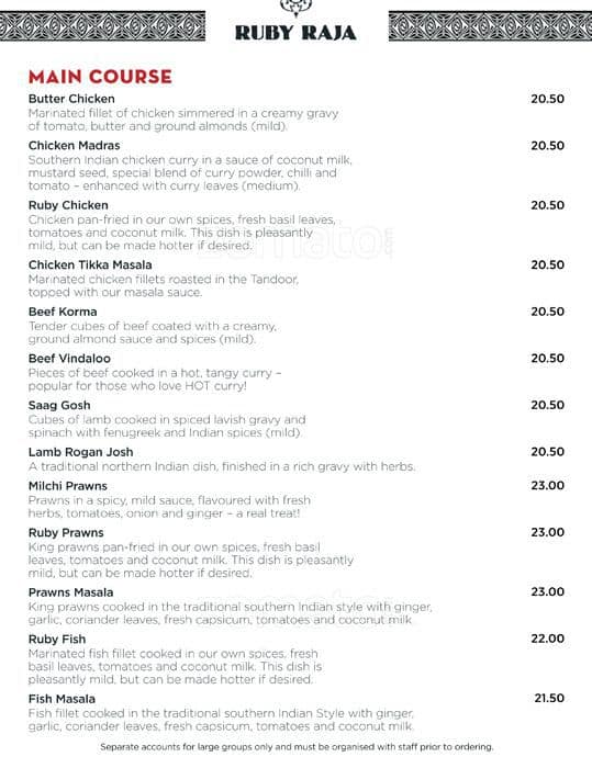 Menu at Ruby Raja Indian Restaurant, Tea Tree Gully
