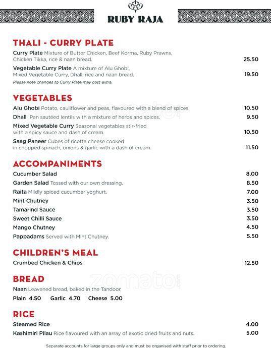 Menu at Ruby Raja Indian Restaurant, Tea Tree Gully