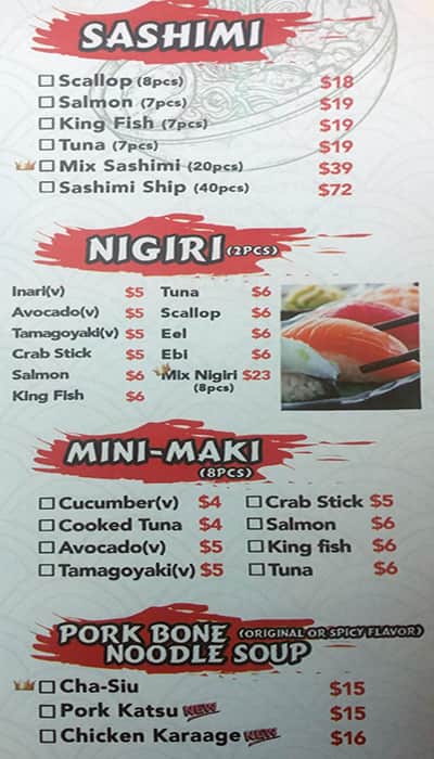 Menu at Taiko Sushi Bar, Sherwood