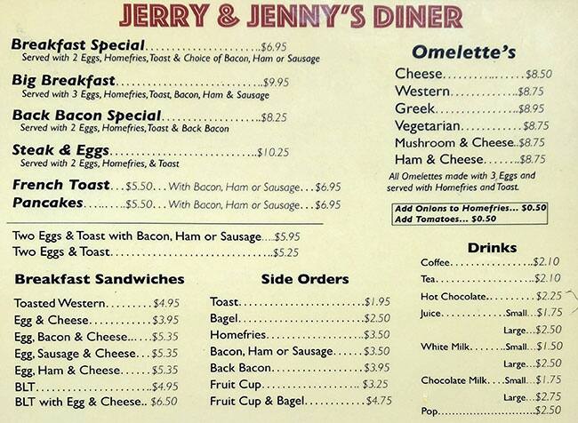 Menu at Jerry & Jenny's Diner restaurant, Windsor