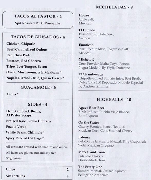 Menu at Empellon Al Pastor pub & bar, New York City, 132 St Marks Pl
