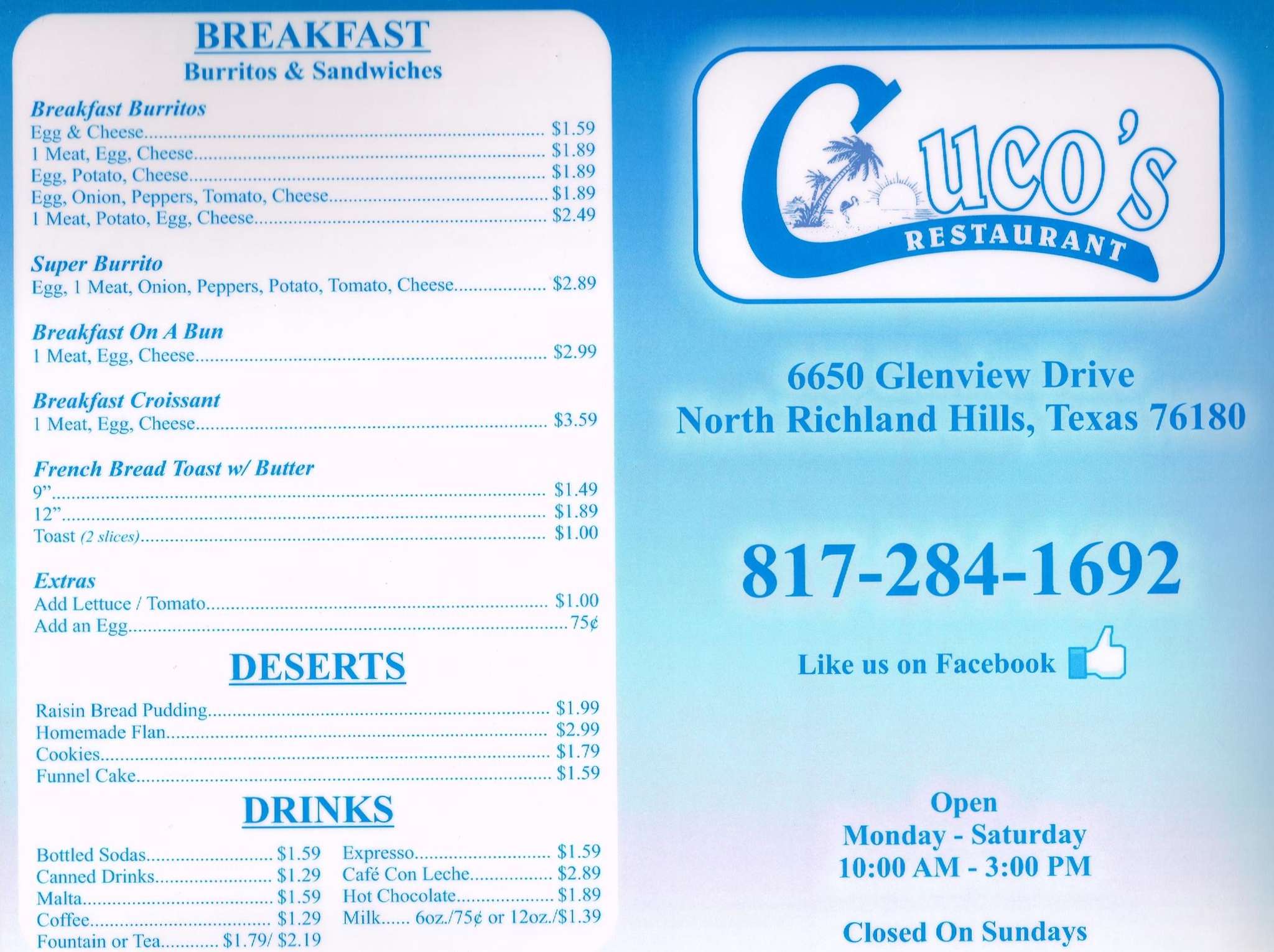 Menu at Cuco's Sandwich Shop restaurant, North Richland Hills