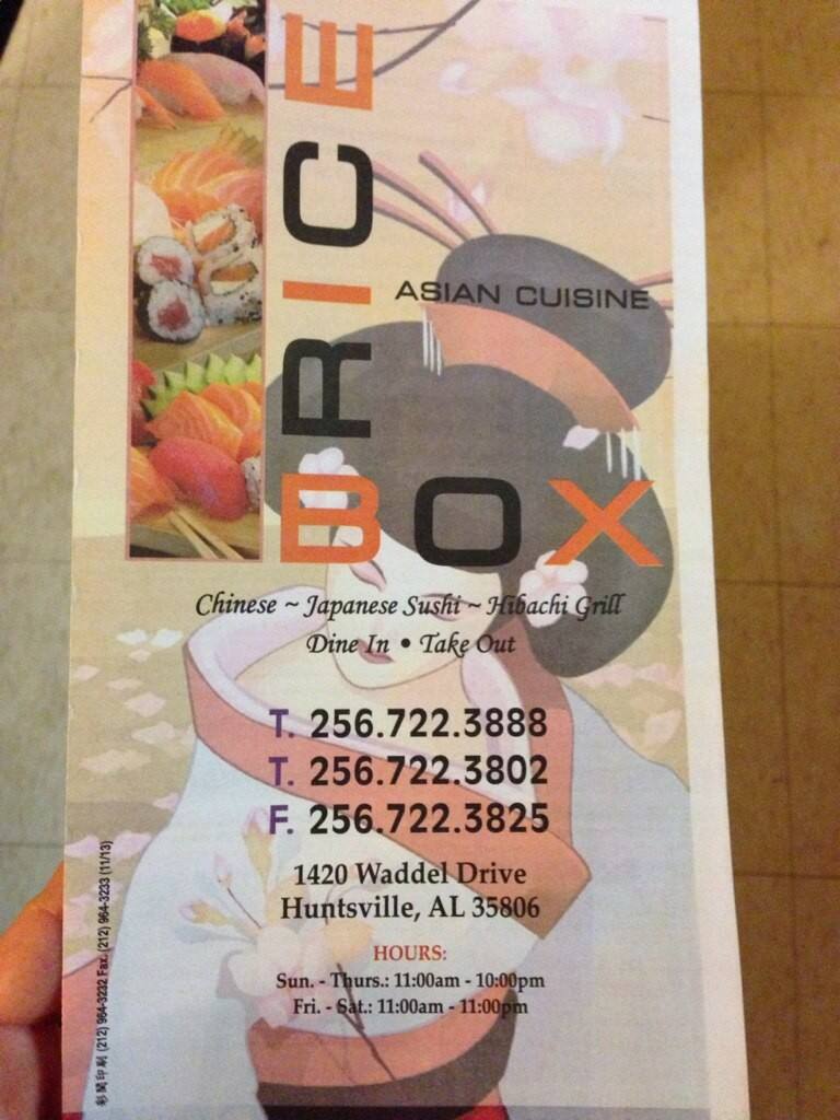 Menu at Rice Box restaurant, Huntsville