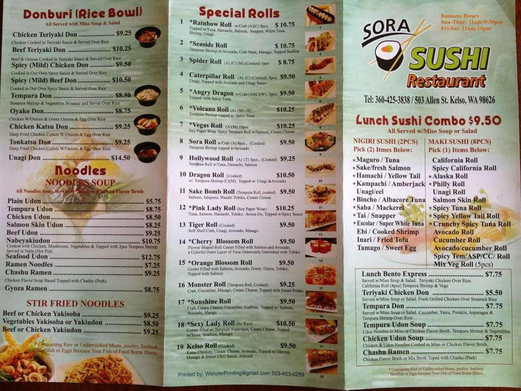 Menu at Sora Sushi restaurant, Kelso