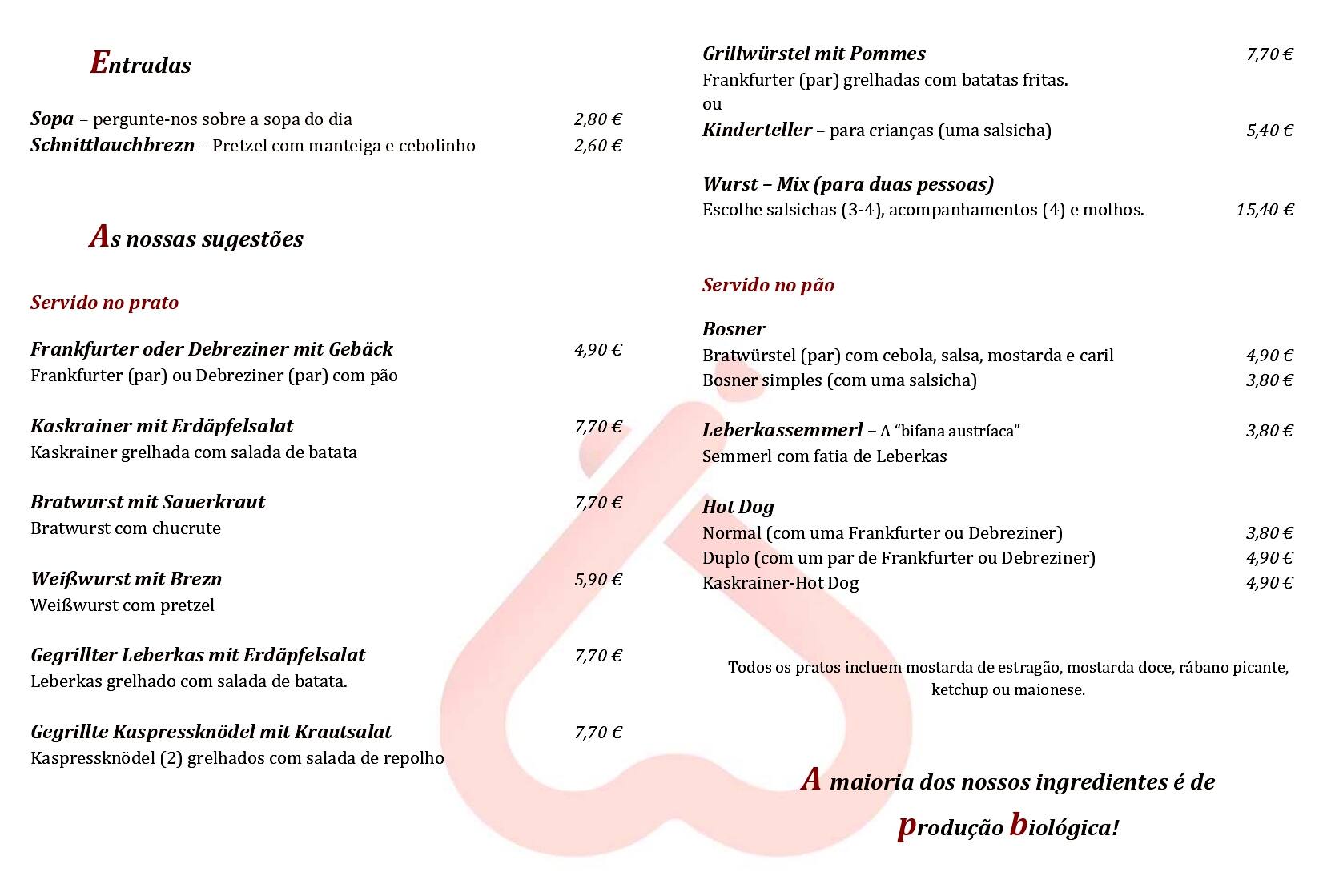 Menu at Wurst restaurant, Lisbon