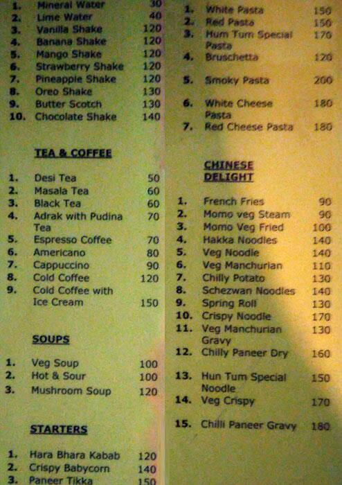 Menu at Hum Tum The Cafe And Lounge, Kota