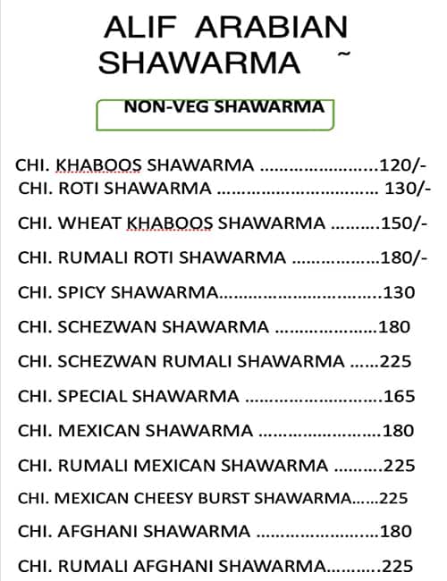 Menu of Alif Arabian Shawarma 2, Vasai, Mumbai