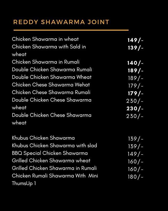 Menu of Bhargavi Reddy Shawarma Joint, L B Nagar, Hyderabad
