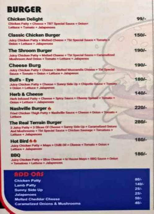 Menu of The Burger Terrain, Viman Nagar, Pune