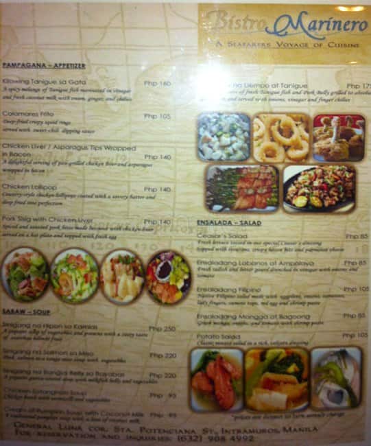Menu at Bistro Marinero restaurant, Manila