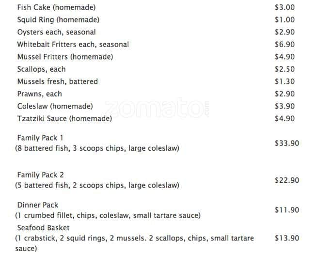 Menu at John's Fish Market restaurant, Lower Hutt