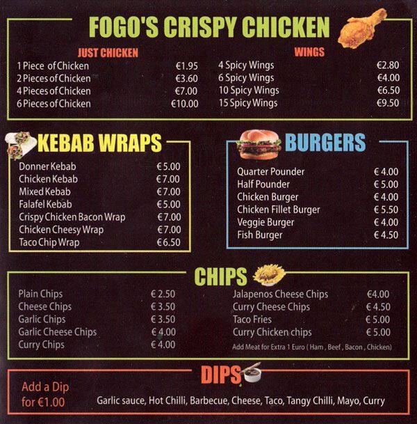 Menu at Fogo's pizzeria, Dublin