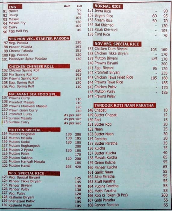 Menu at Hotel Nimantran, Navi Mumbai
