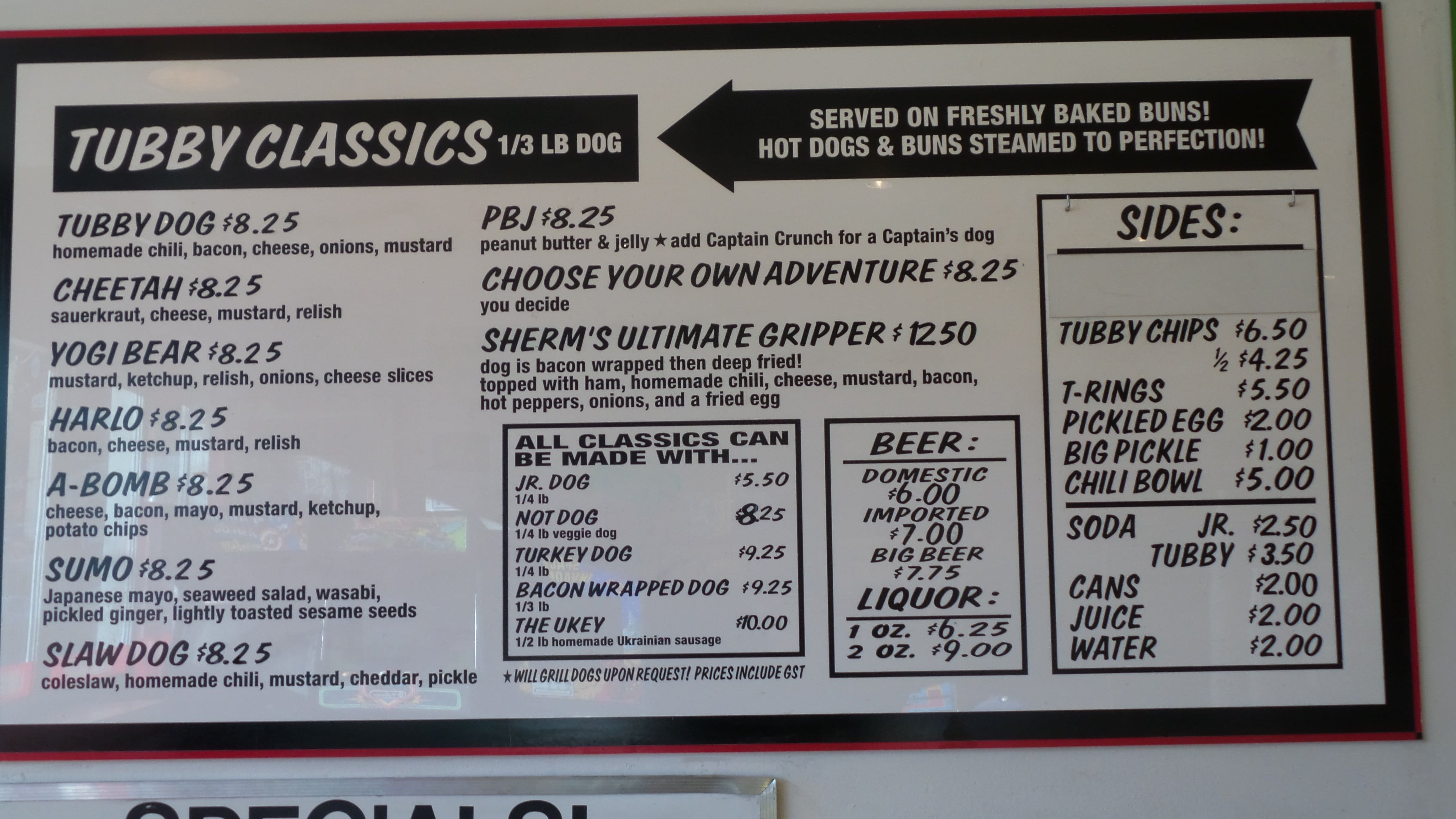 Menu at Tubby Dog restaurant, Calgary