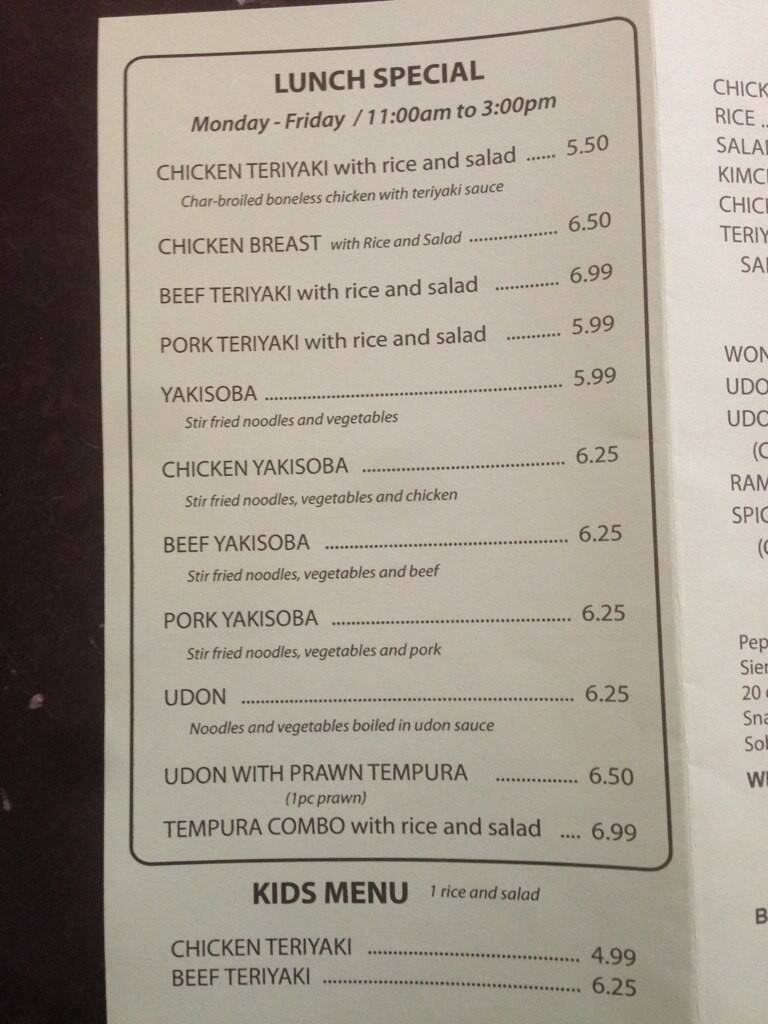 Menu at Kinza Teriyaki restaurant, Spanaway, Mountain Hwy E