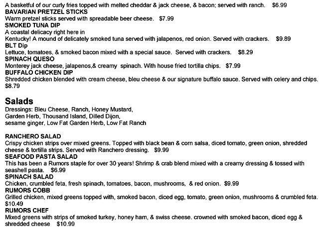 Menu at Rumors Restaurant, Louisville