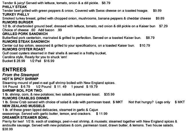 Menu at Rumors Restaurant, Louisville