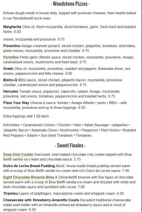 Menu at Oliveto restaurant, Tyler