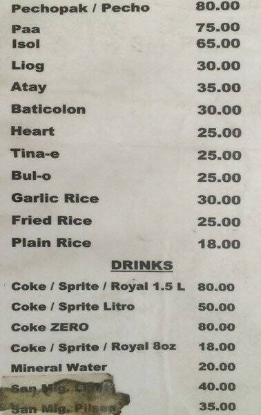 Menu at Aida's Bacolod Inasal restaurant, Cebu City