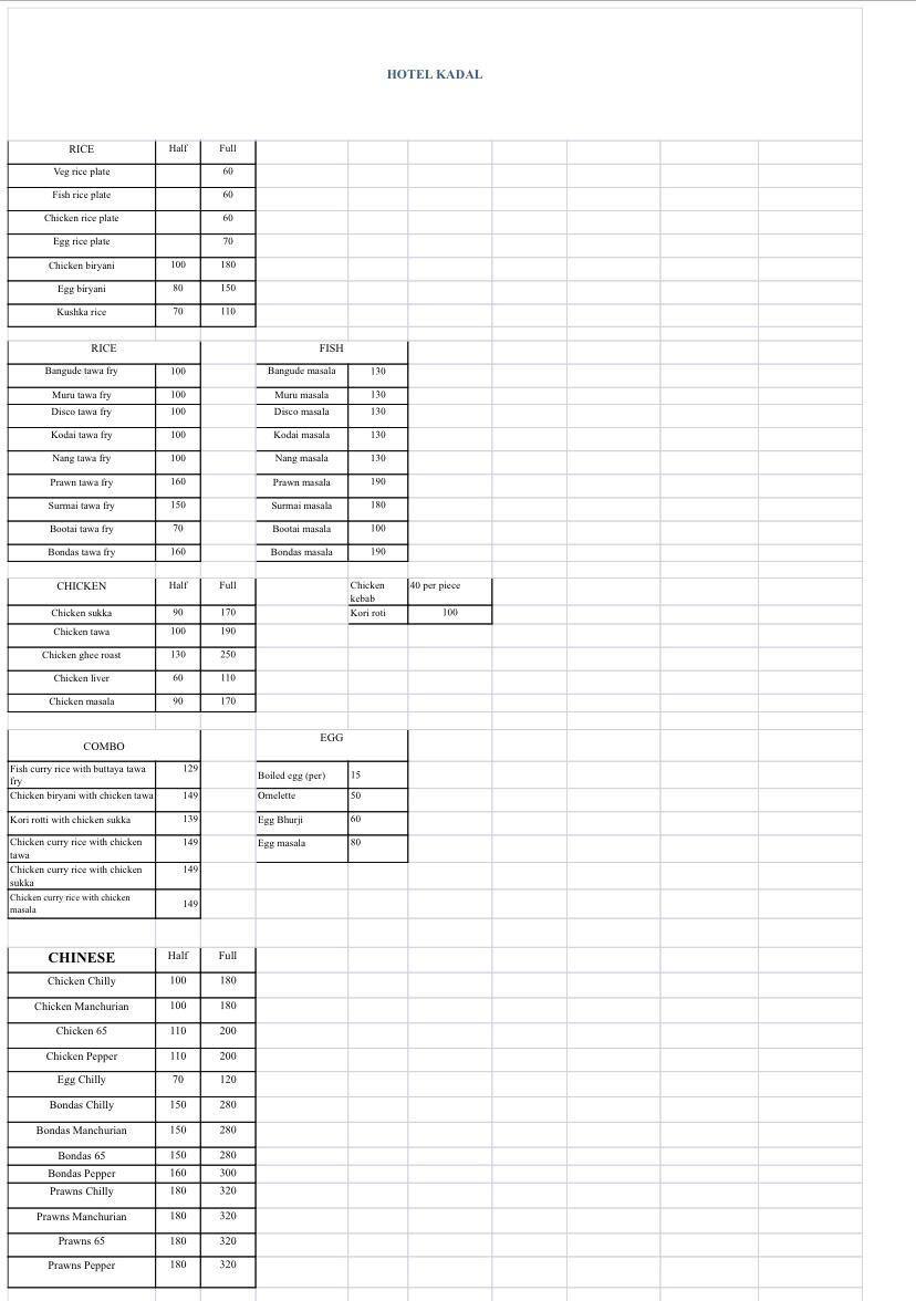 Menu at Hotel Kadal, Mangaluru, Essel Chambers