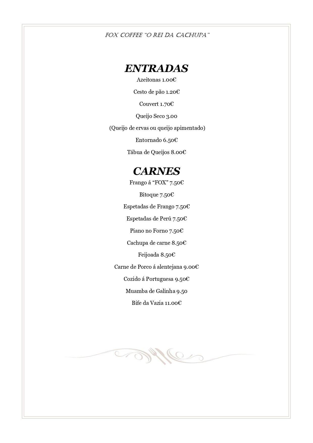 Menu at Fox.Coffee Restaurant.lounge, Lisbon