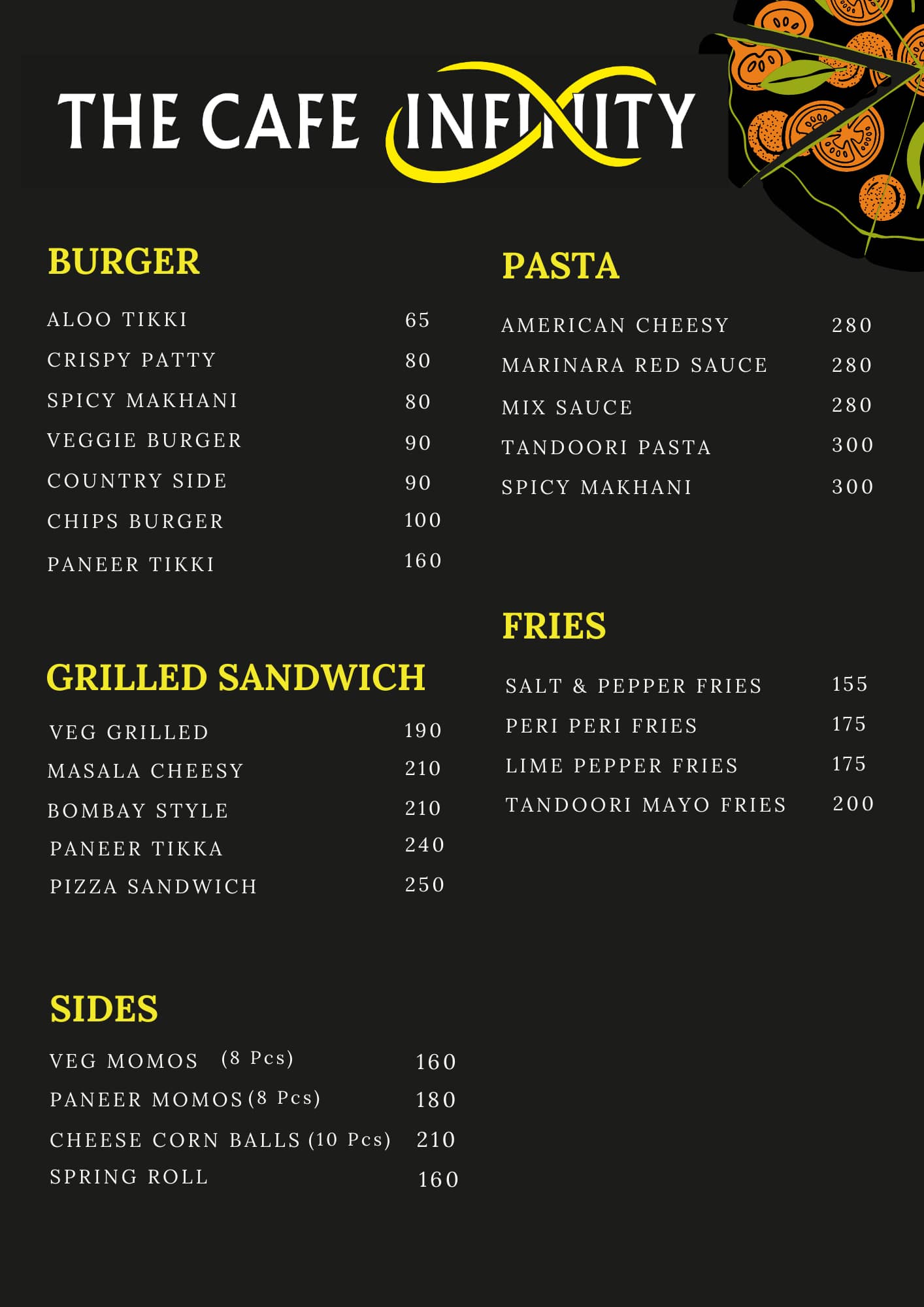 Menu of The Cafe Infinity, Nabha Gate, Patiala
