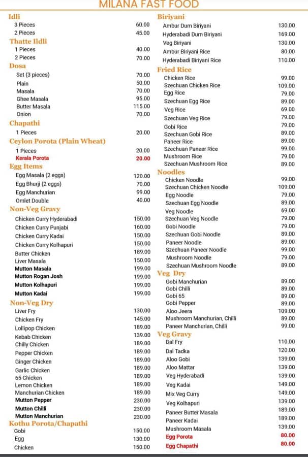 Menu of Milana Fast Food, Koramangala 4th Block, Bangalore