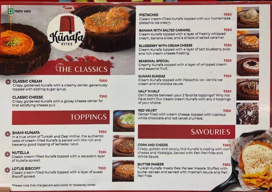 Menu of Kunafa Bytes, Vesu, Surat