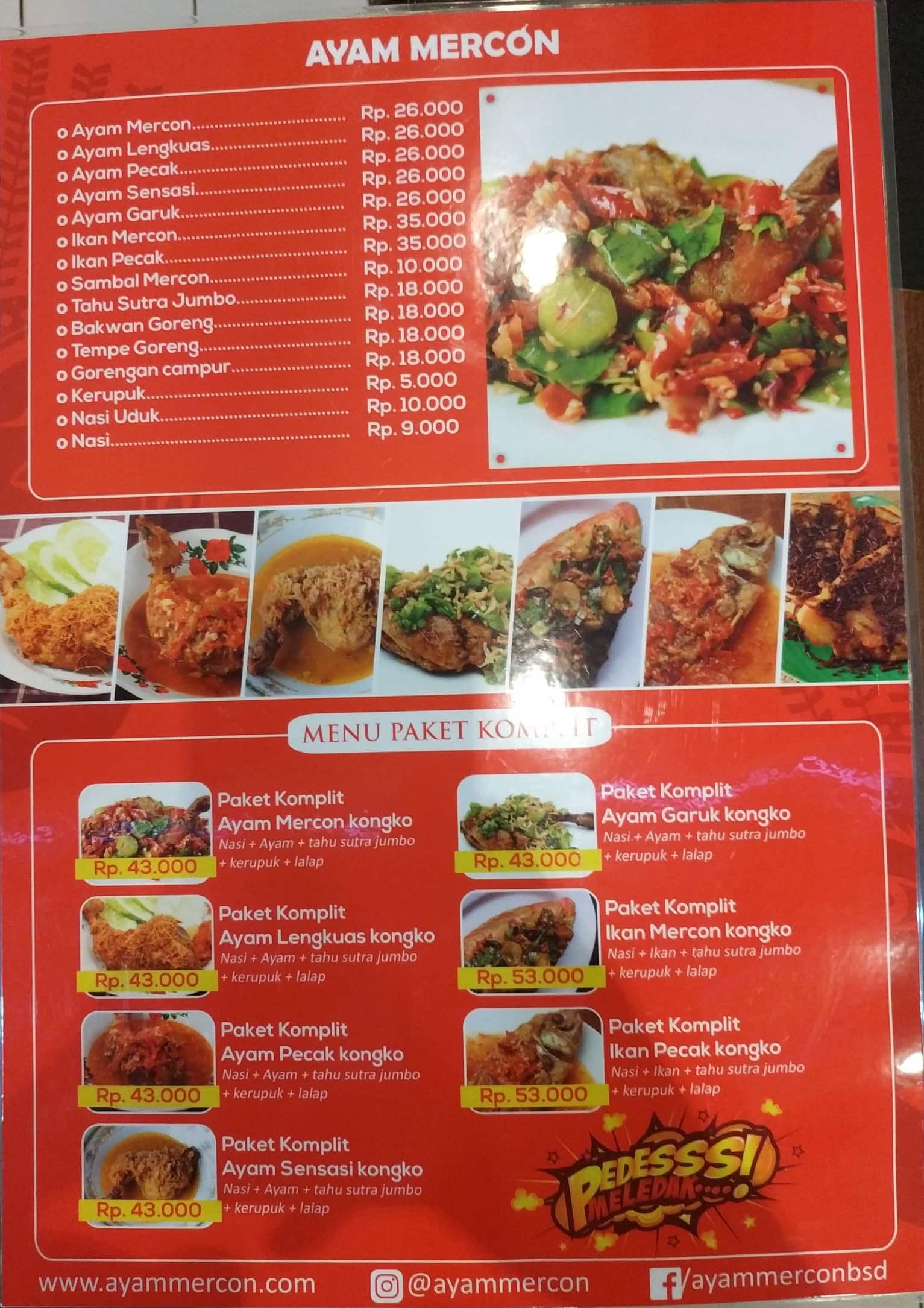 Menu at Ayam Mercon restaurant, South Tangerang, Golden Boulevard