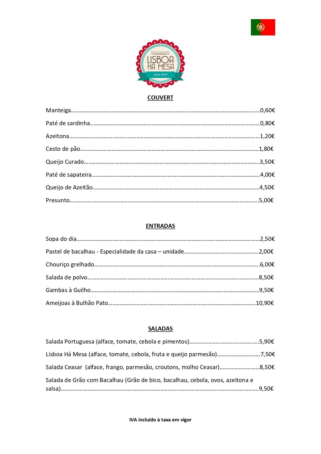 Menu em Restaurante Lisboa Há Mesa, Lisboa, Rua Da Junqueira