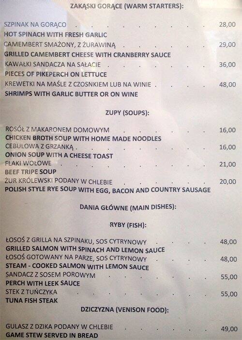 Menu at Grand Kredens restaurant, Warsaw