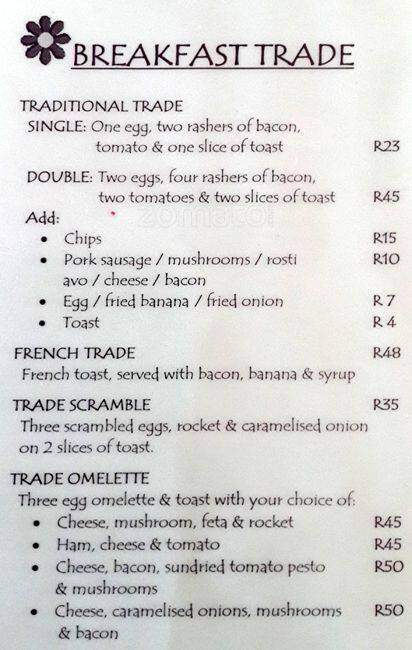 Menu at Trade winds cafe, Cape Saint Francis