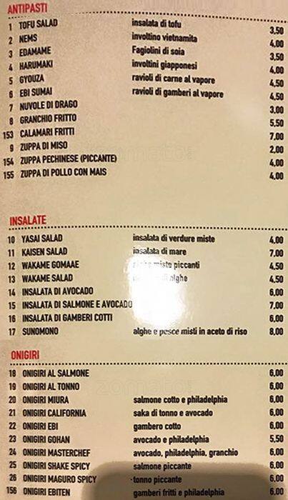 Menu at Masterchef restaurant, Milan