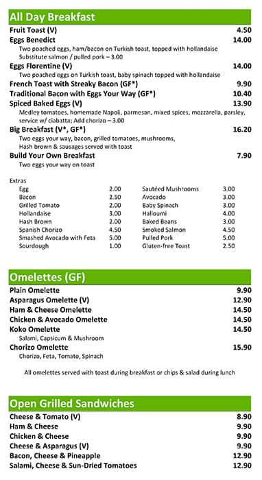 Menu at Koko Lime Cafe, Boronia