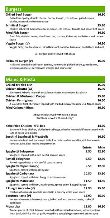 Menu at Koko Lime Cafe, Boronia