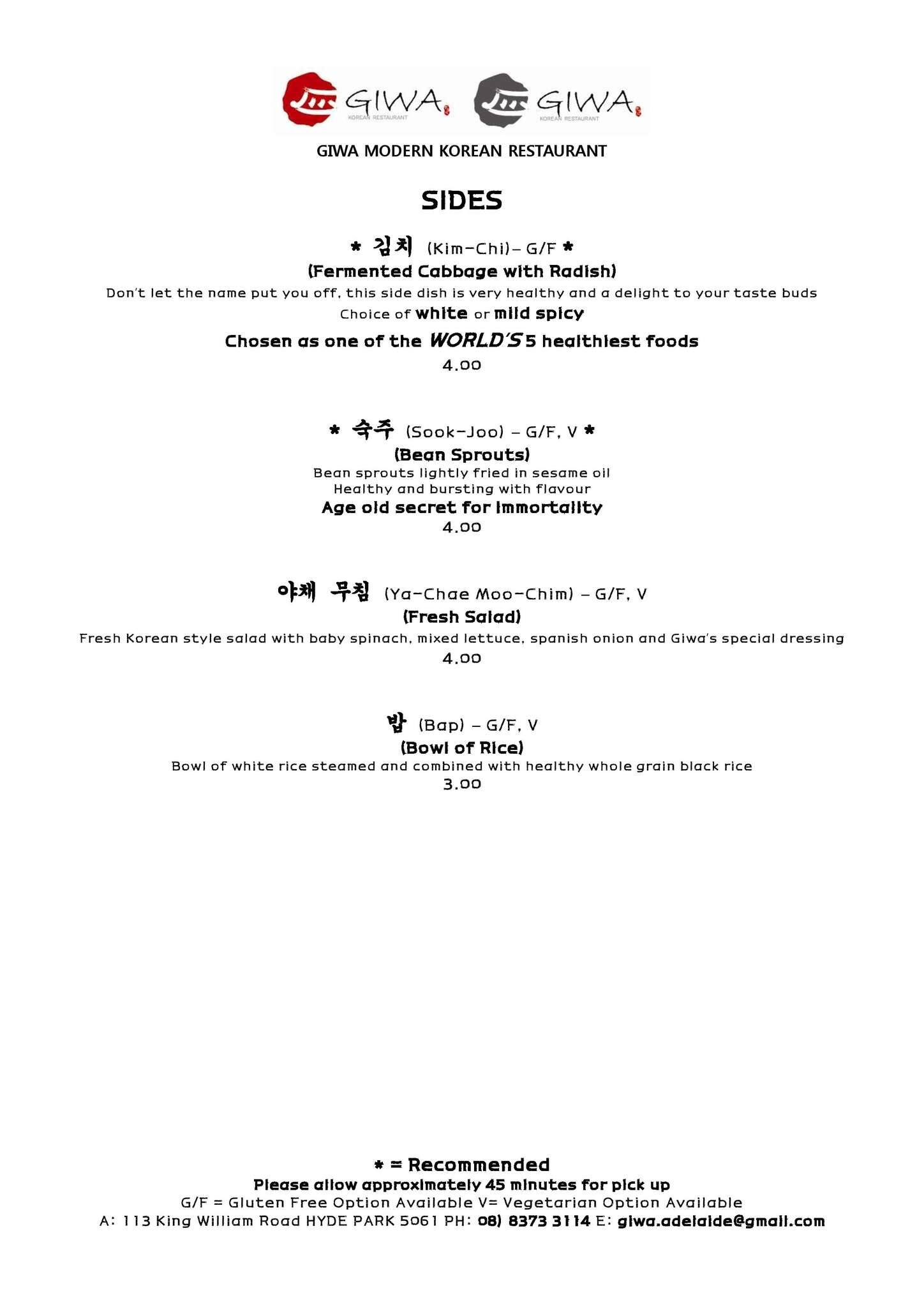 Carta de Giwa modern Korean restaurant, Hyde Park