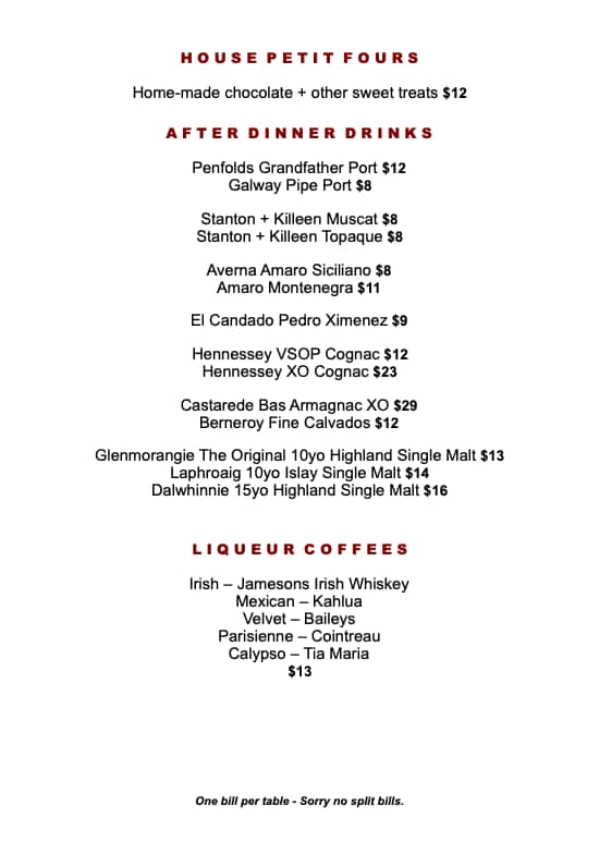 Menu at Red Cabbage Food & Wine restaurant, South Perth